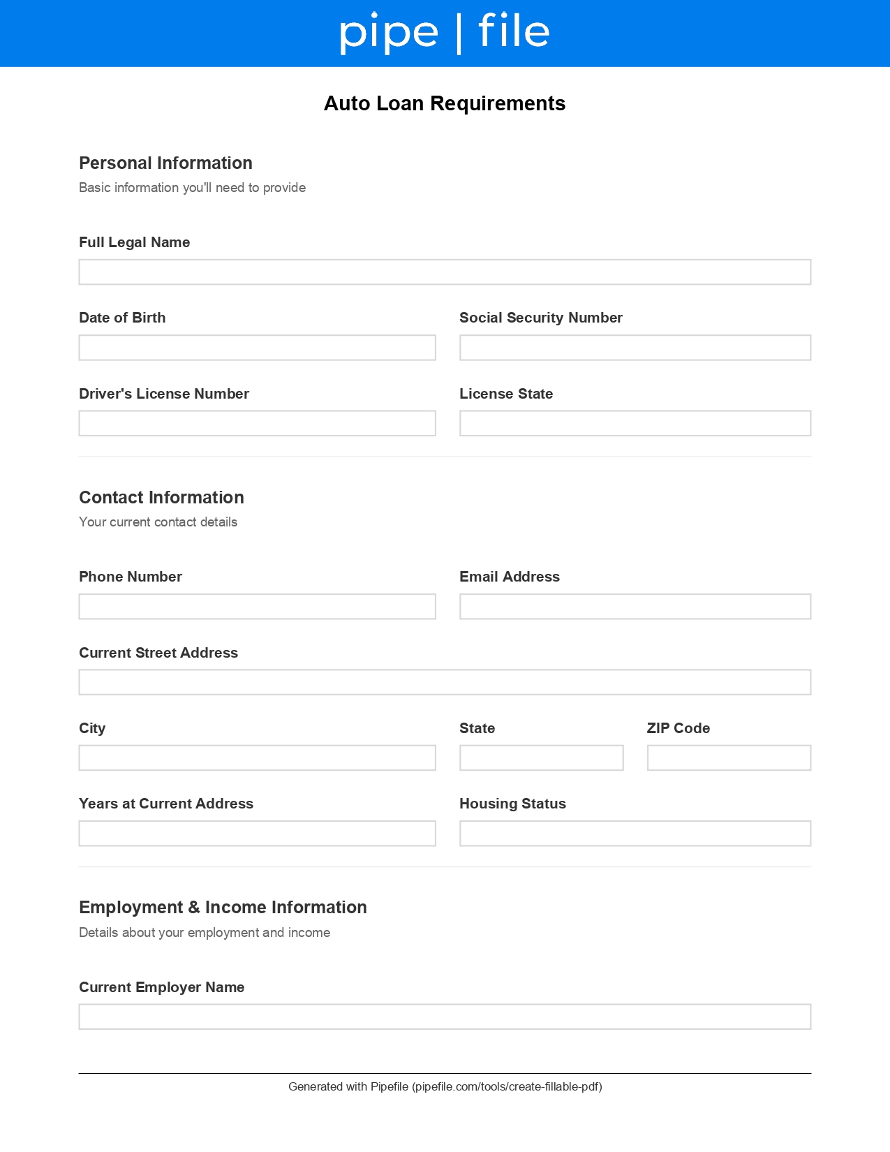 Auto Loan Requirements form template preview