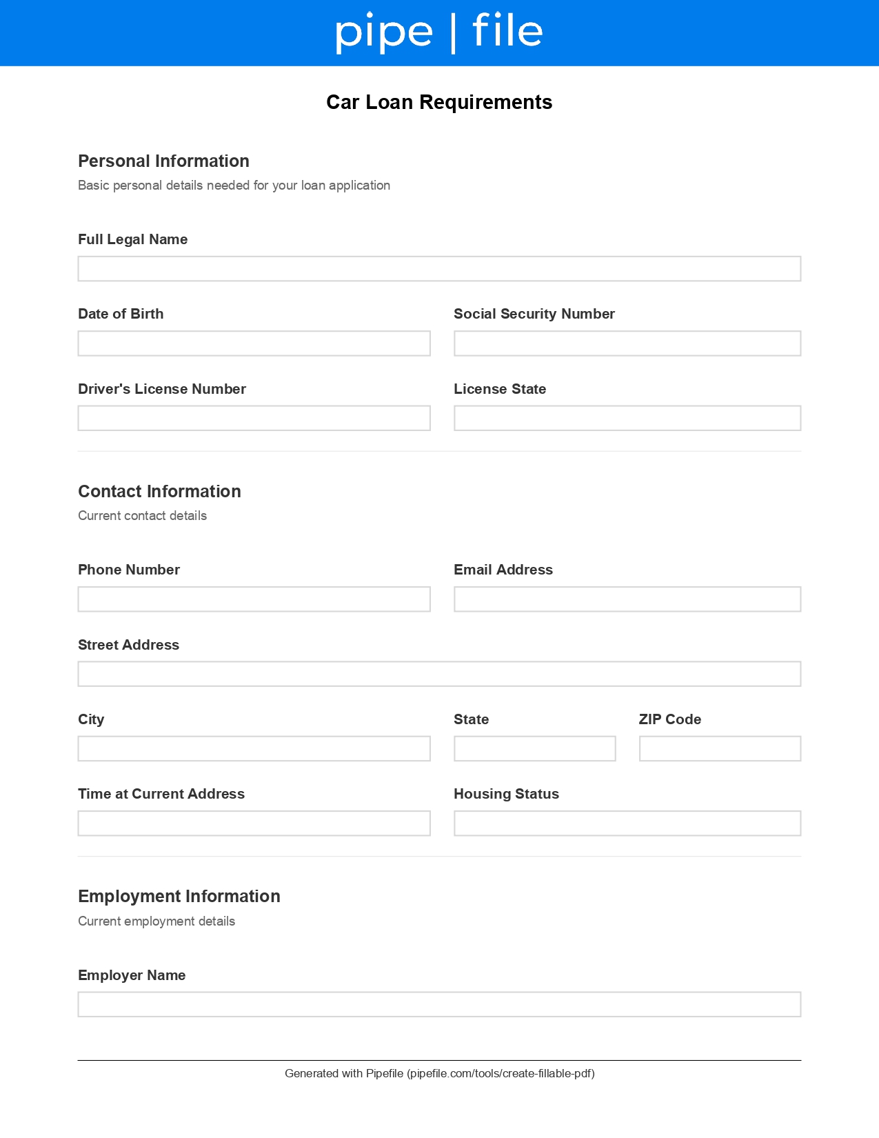 Car Loan Requirements form template preview