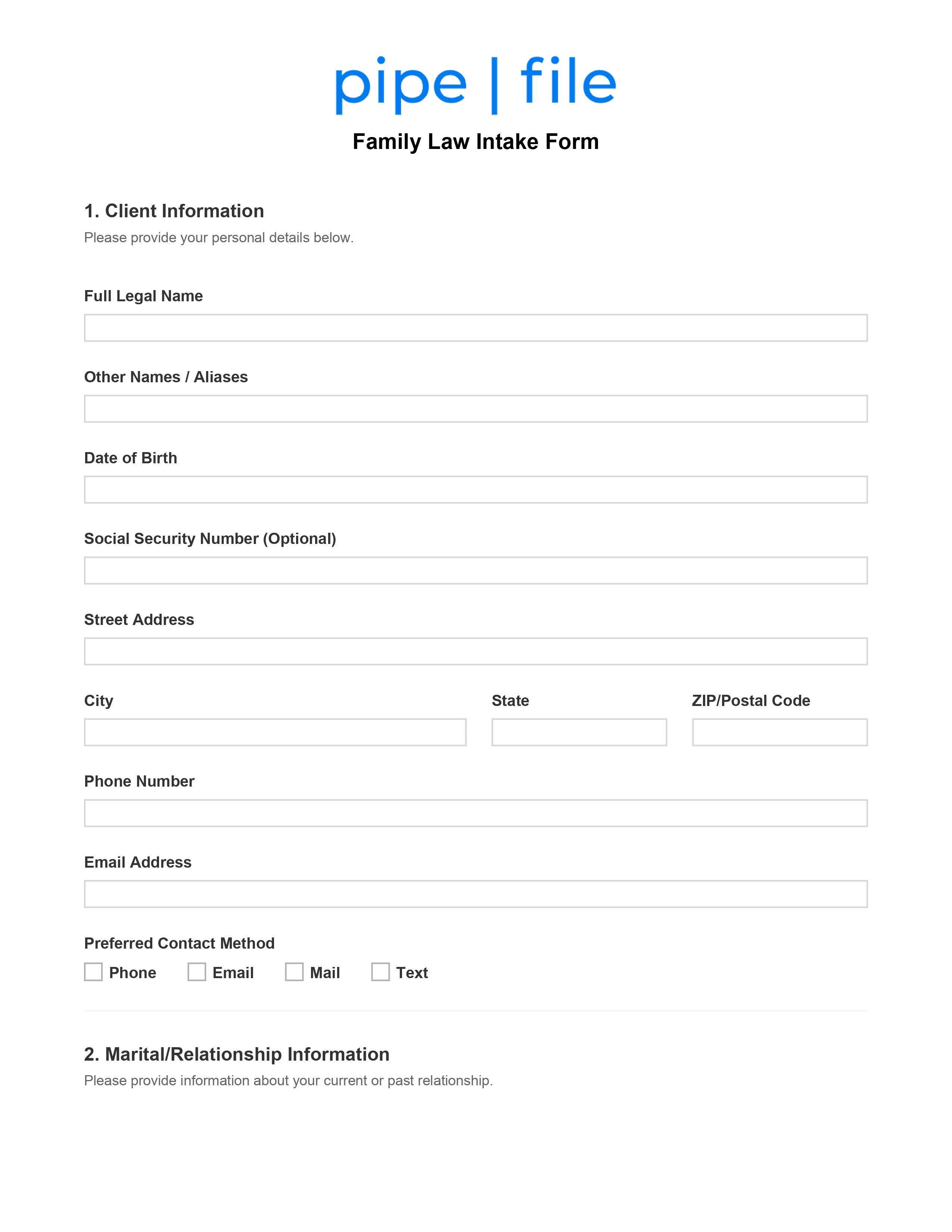 Family Law Intake Form Document Checklist form template preview