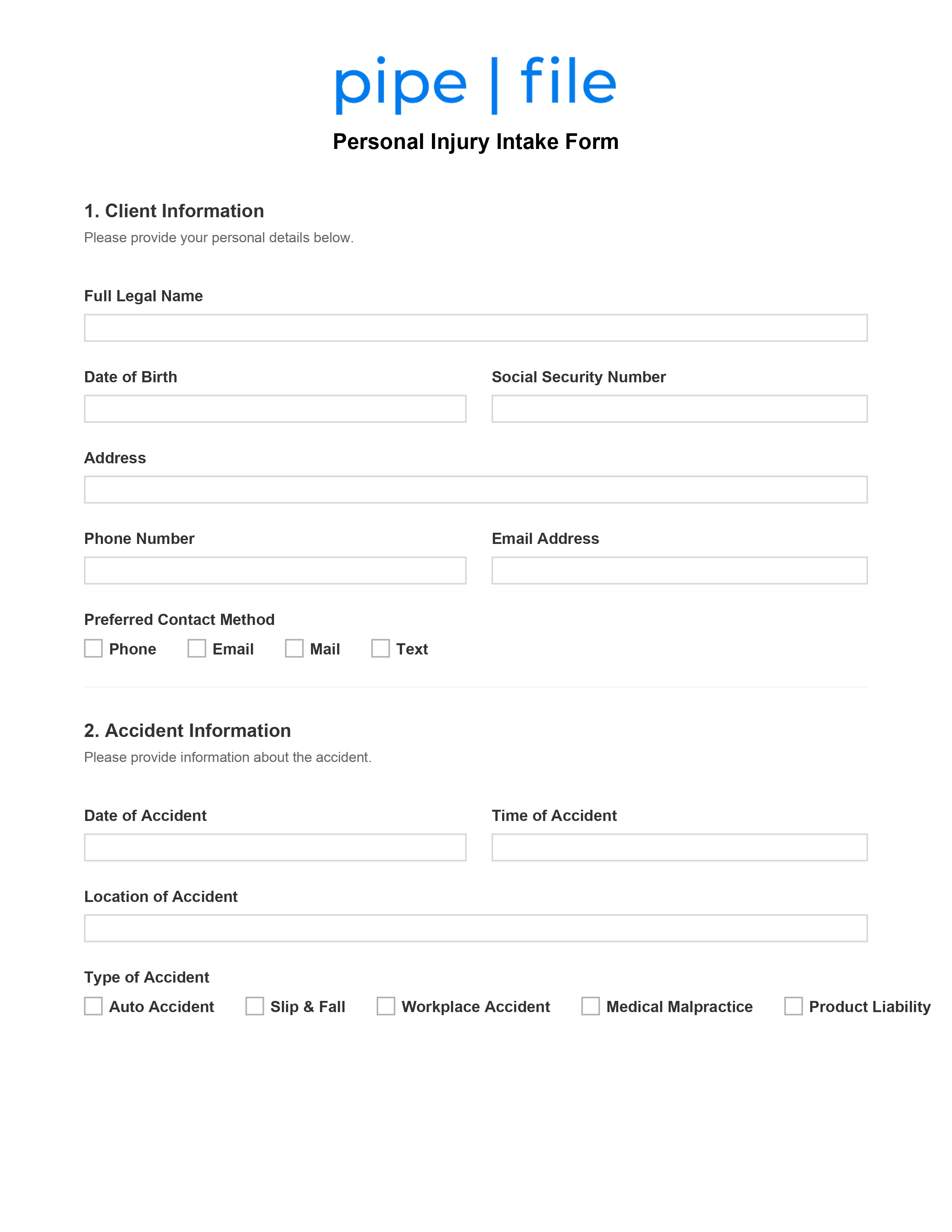 Personal Injury Intake Form form template preview