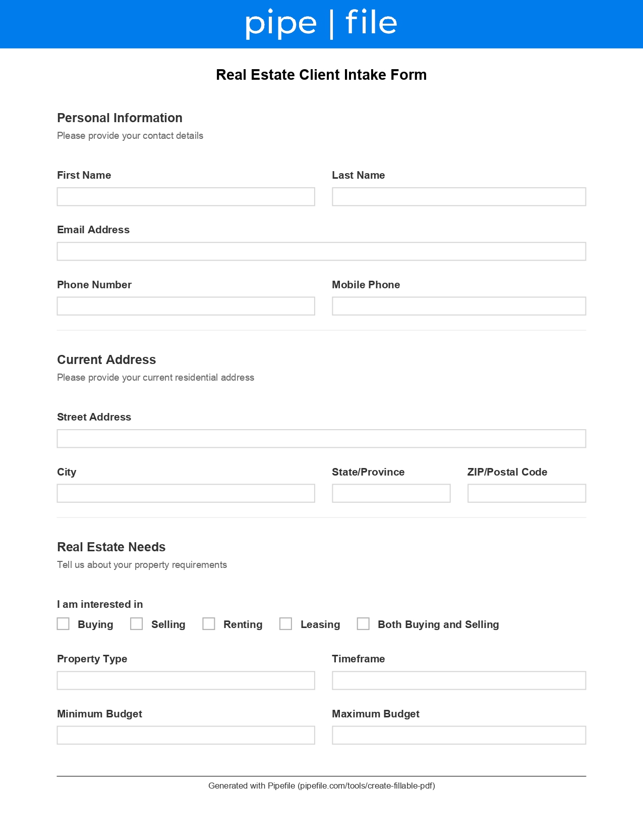 Real Estate Client Intake Form form template preview